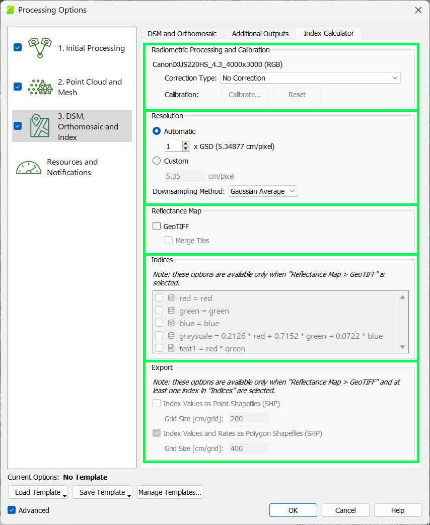 Menu Process > Processing Options... > 3. DSM, Orthomosaic and Index > Index Calculator ...